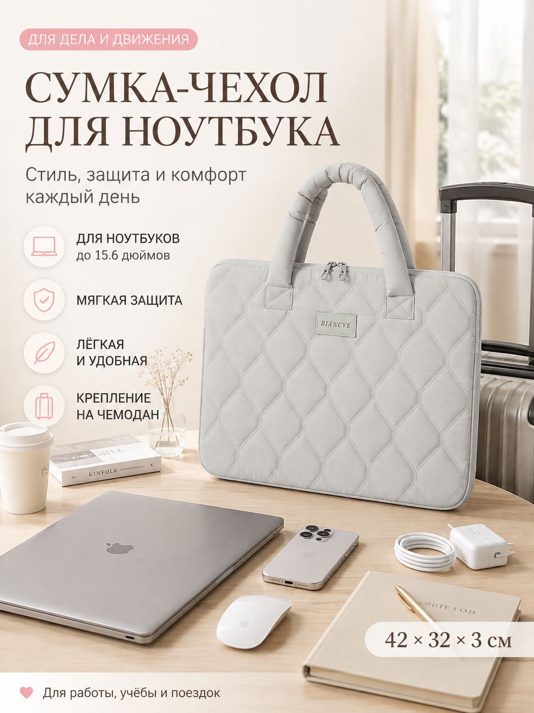 Сумка-чехол для ноутбука до 15,6 дюйма, женская стеганая с ручками, для документов А4, с карманами и креплением на чемодан