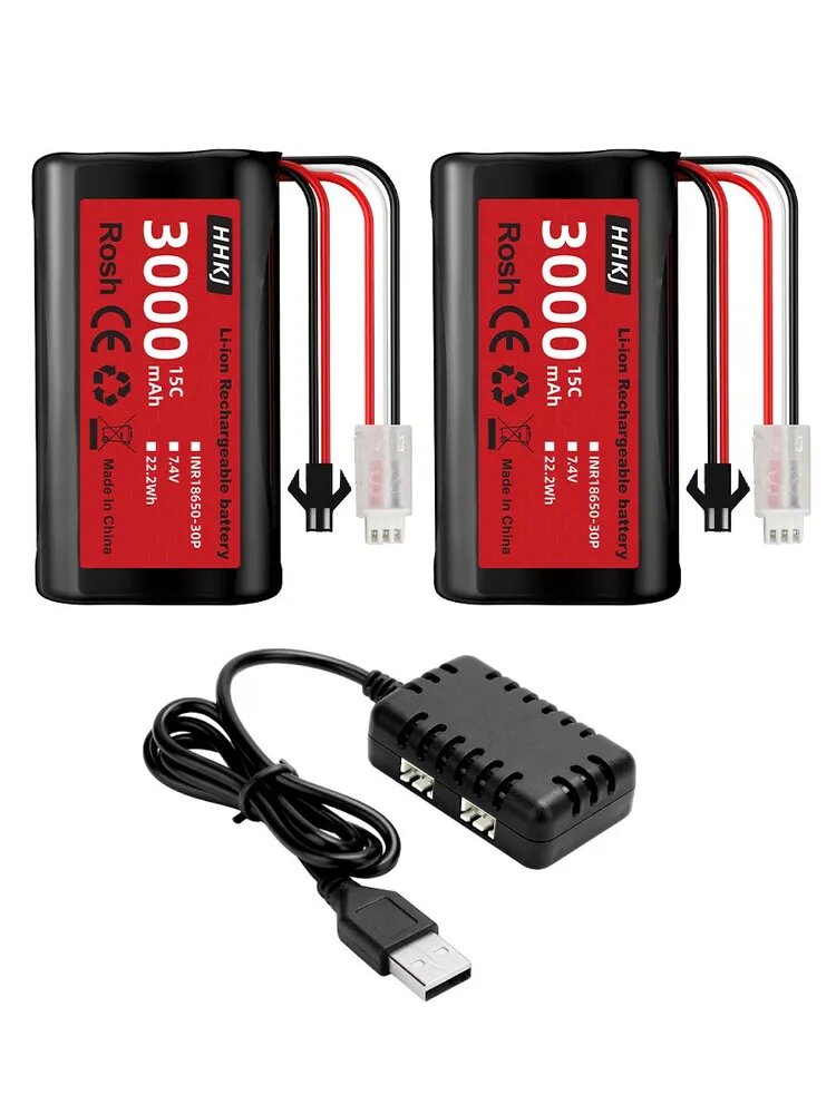 2PCS 7.4V 3000mAh 15C 2S Батарея SM-2P штепсель с зарядным устройством 7.4V для телеуправляемого автомобиля RC