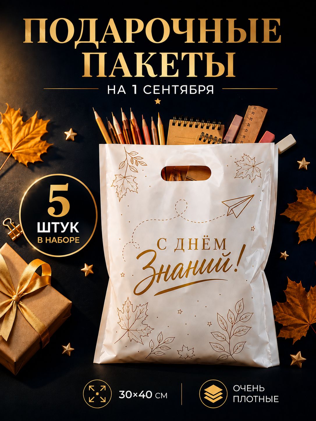Подарочный пакет на 1 Сентября 30*40 см, 5 шт, для учителя, цветов и подарков, День знаний