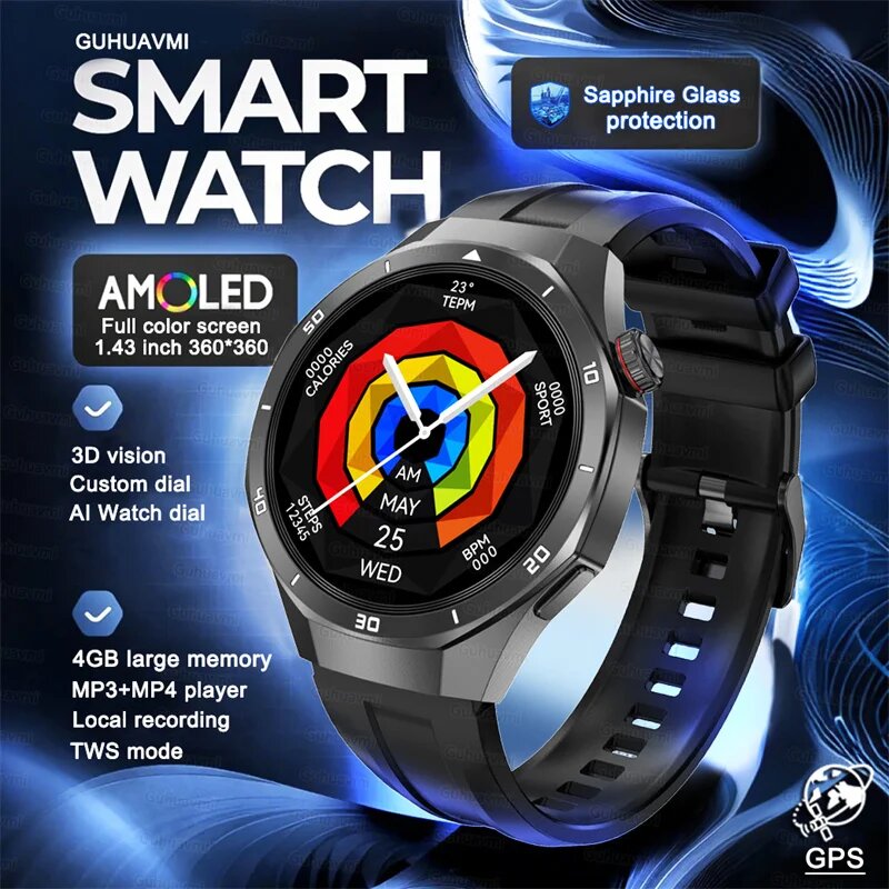 1.45" AMOLED Screen 46mm DT Ultra Smart Watch 5 Local Music 4GB Video playback GPS Heart Rate Call Smartwatch For Android iOS