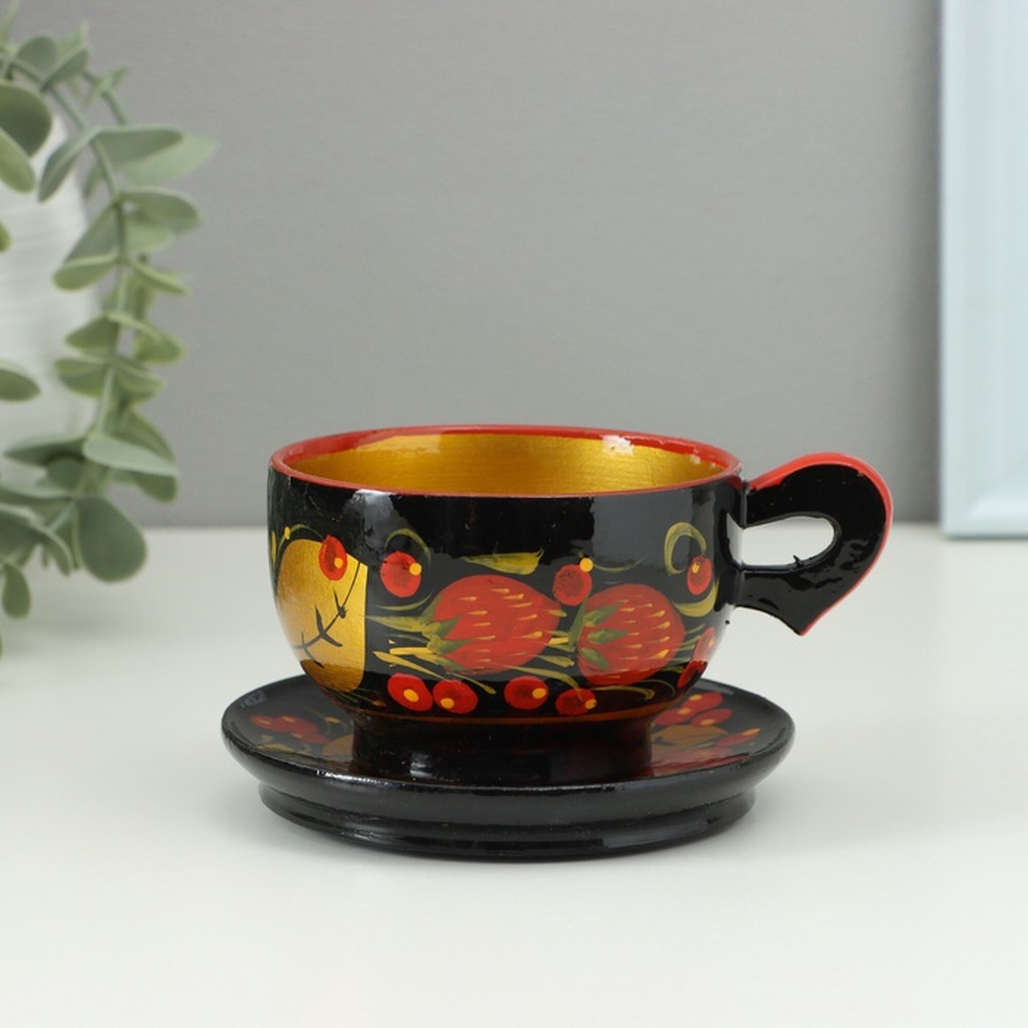 Чайная пара Сима-ленд, дерево, хохлома, цвет черный/красный, 1шт.