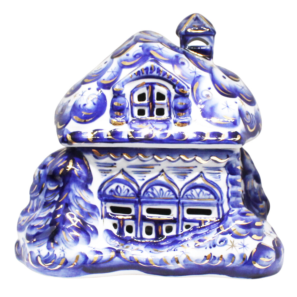 Фарфоровая шкатулка-светильник под свечку "Домик деда мороза Зимовье", (Гжель с золотом)