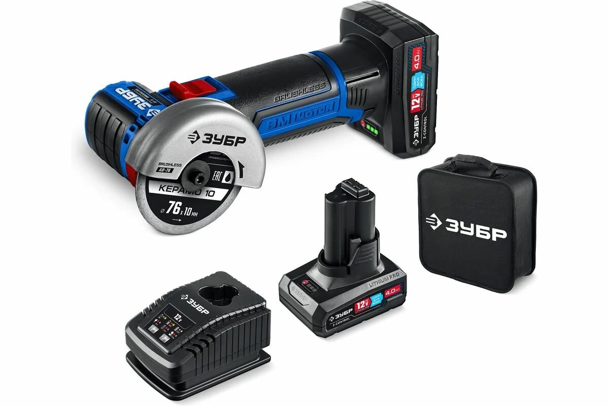 Шлифмашина ЗУБР Профессионал, 12В, диаметр 76 мм, 2 АКБ тип Т7 4 Ач, бесщеточная, сумка