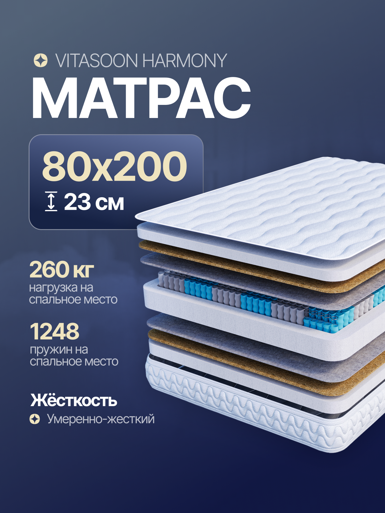 Матрас 80х200 ортопедический пружинный высота 23 см Vitasoon Harmony детский односпальный