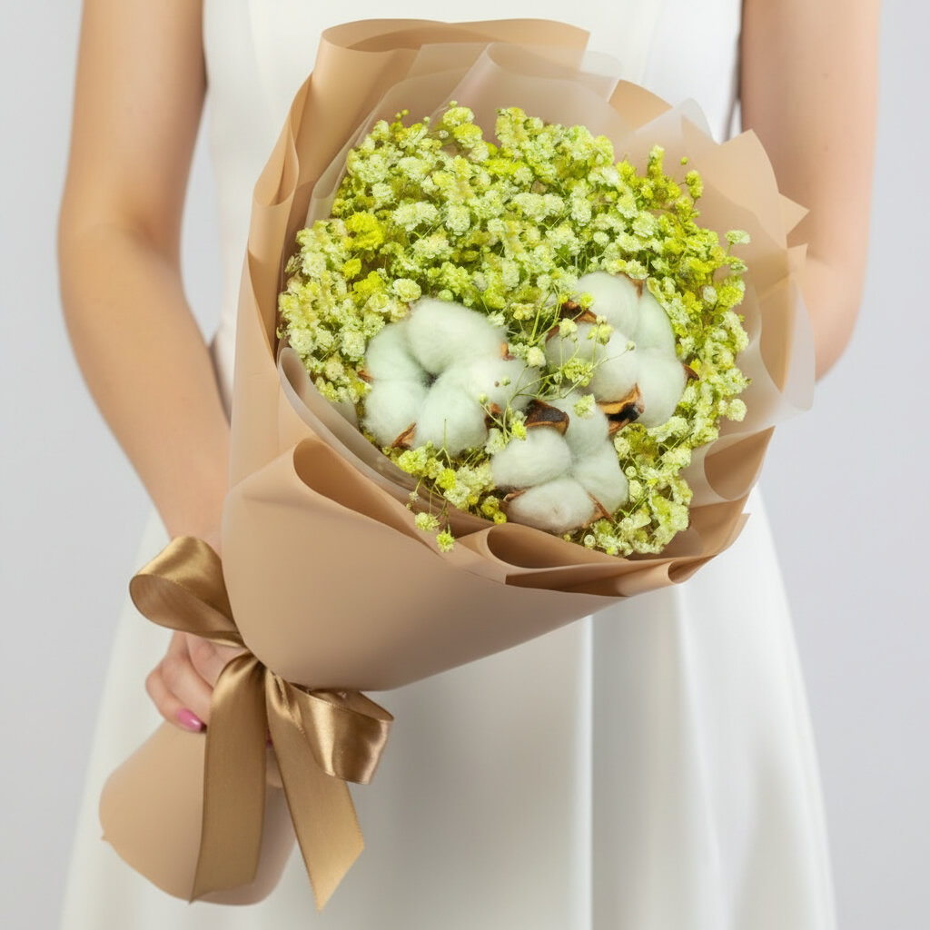 Дуо-букет Мегацвет24 "Гипсофила и Салатовый Хлопок", мини, дизайнерская упаковка