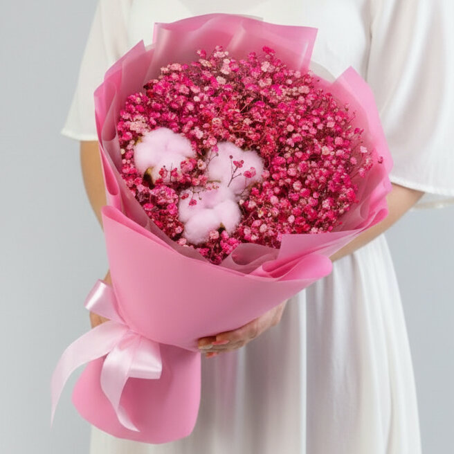 Дуо-букет Мегацвет24 "Гипсофила и Хлопок" мини, малиновый/розовый, дизайнерская упаковка