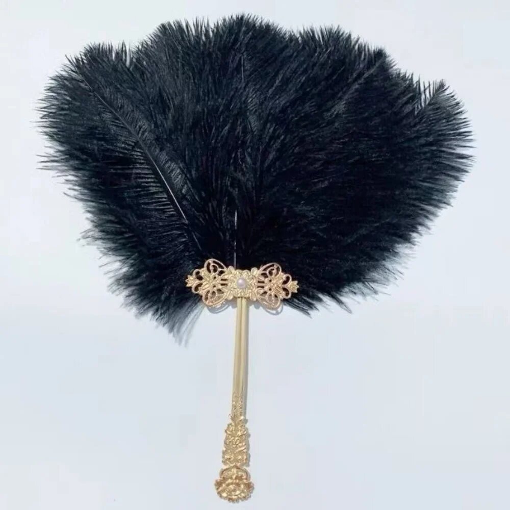 Готический веер из страусиных перьев с золотой ручкой Черный, Black 1