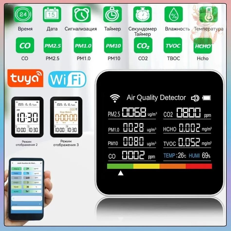 Tuya Wi-Fi Smart многофункциональный датчик качества воздуха "14 в одном", Может определять CO, CO2, формальдегид, TVOC, PM2.5, температуру, влажность