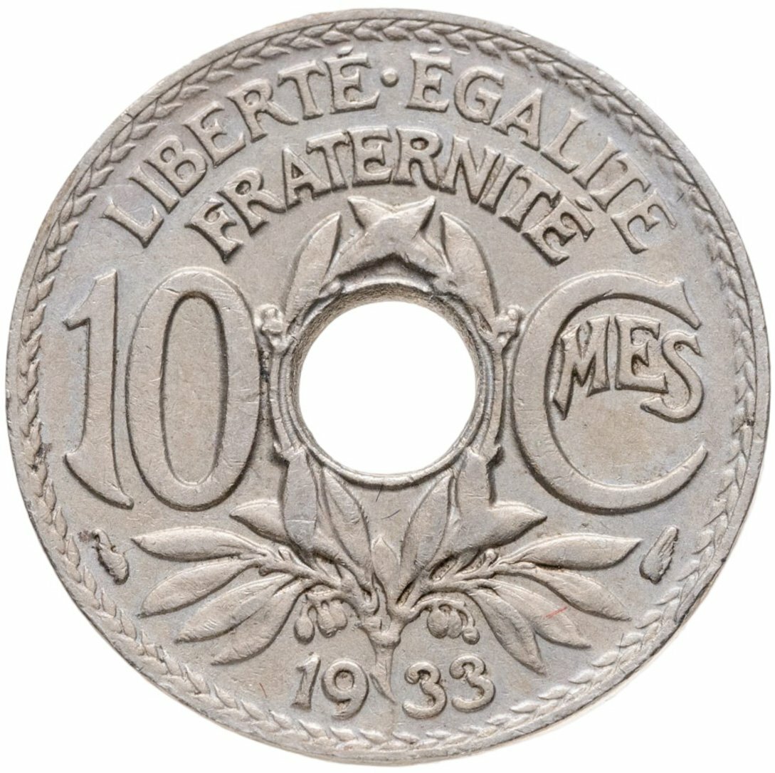 Франция 10 сантимов centimes 1933, Мельхиор медь-никель, в сохранности XF