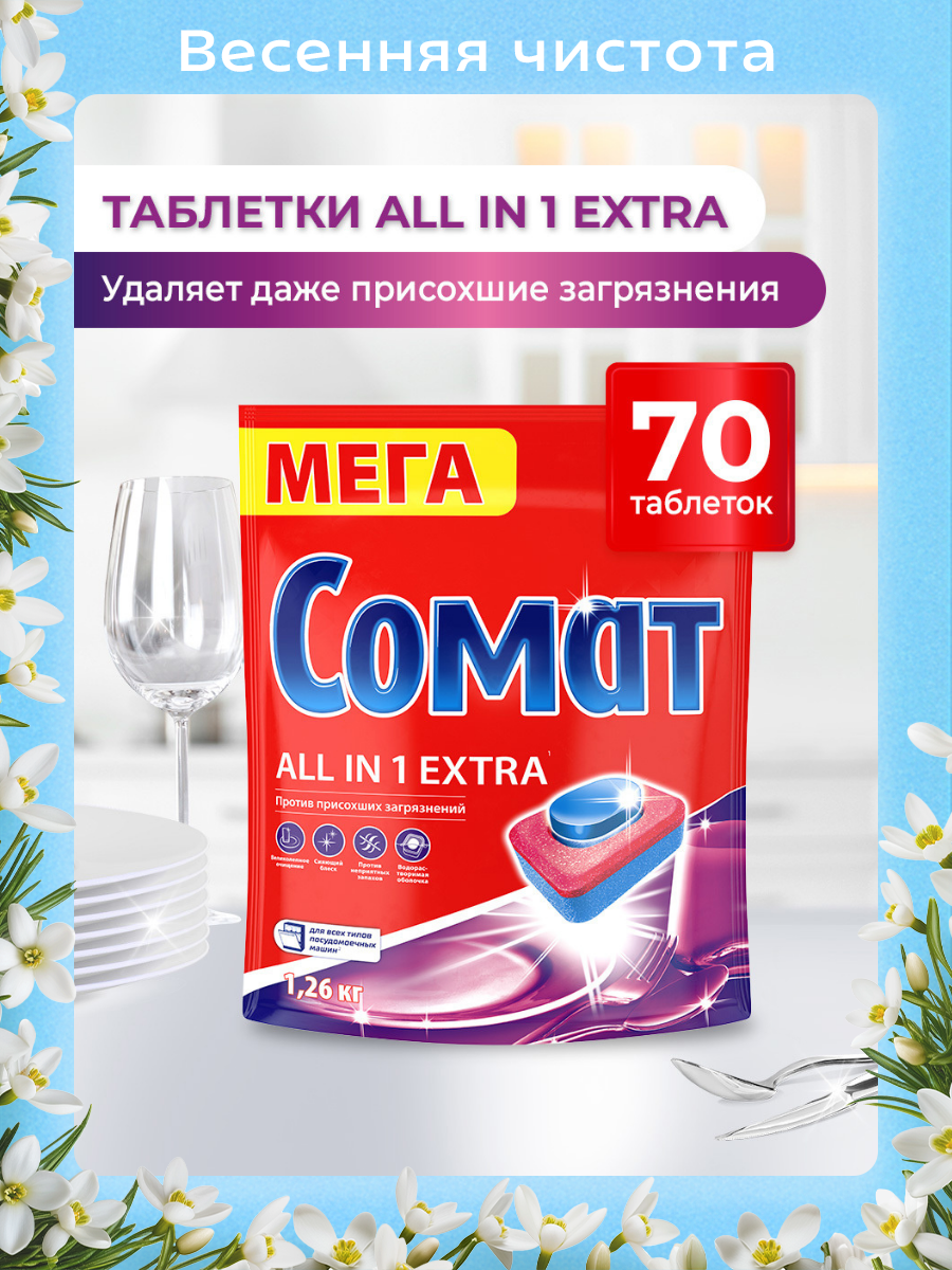 Таблетки для посудомоечной машины Сомат Все в 1 Экстра, 70 таблеток, средство для посудомоечной машины