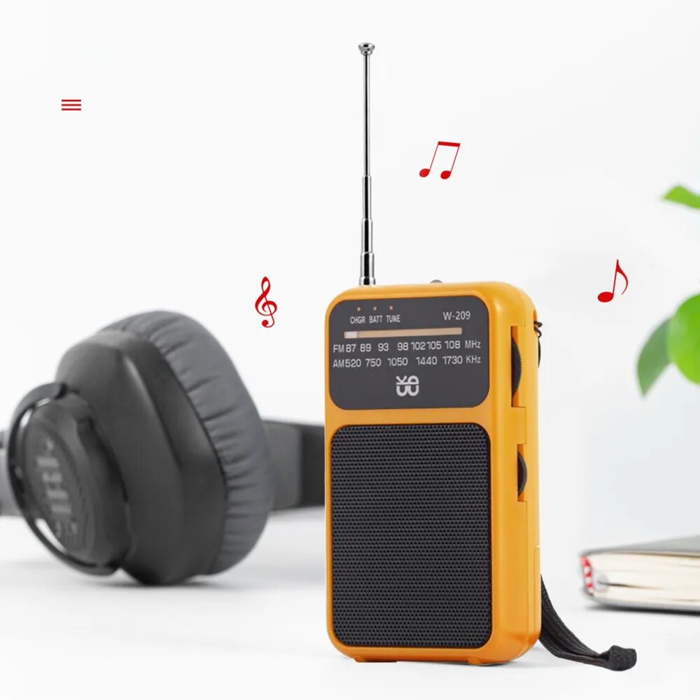 Портативное FM/AM радио с подсветкой W-209: двойное питание, большой динамик, встроенный фонарик для дачи, походов и путешествий