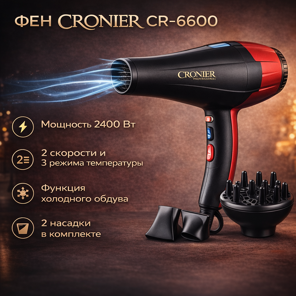 Фен для волос CRONIER CR-6600 2400 Вт профессиональный с насадками мощный фен ProgTech