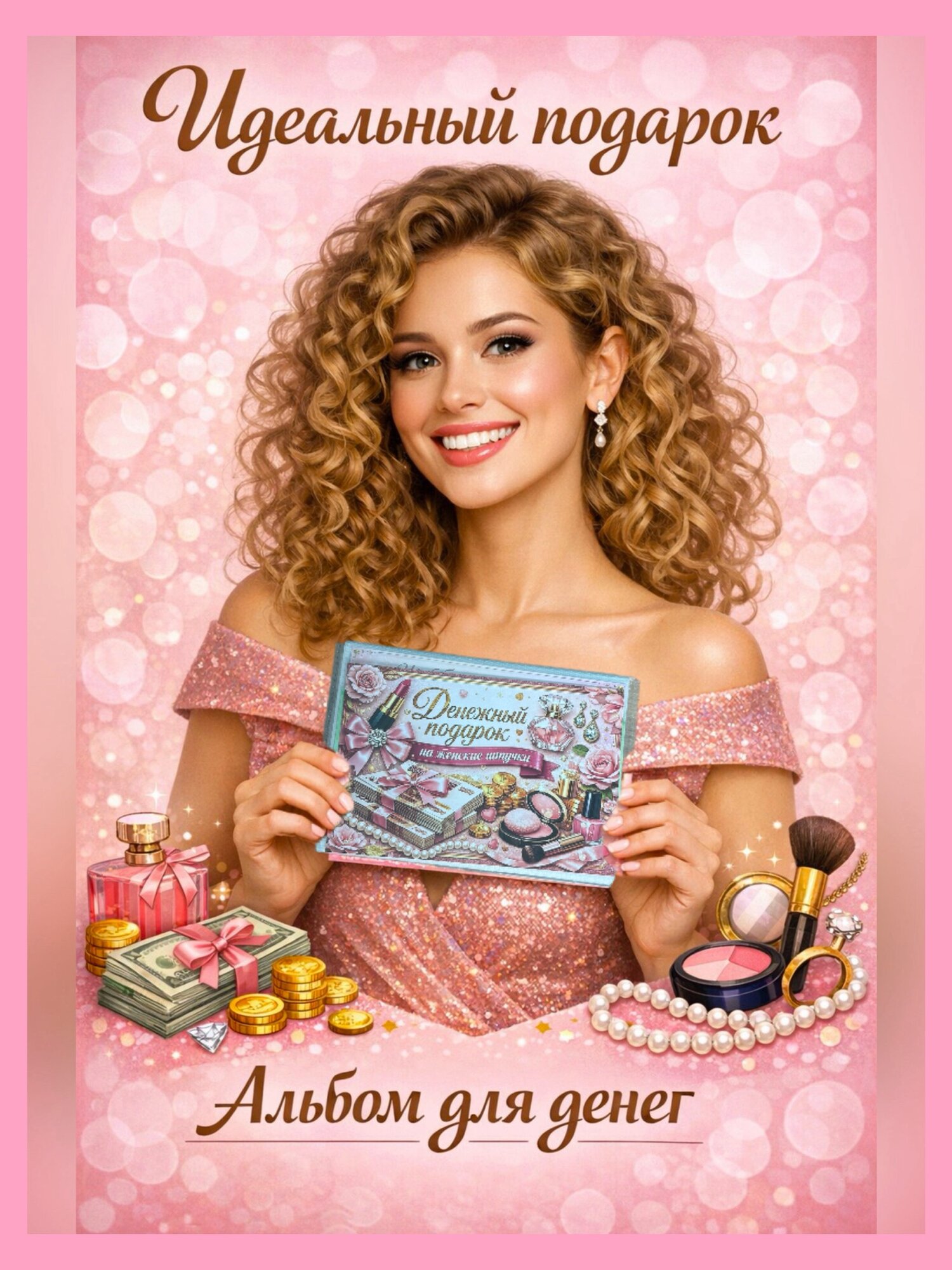 Конверт-альбом для денег с открытками женский для любого случая