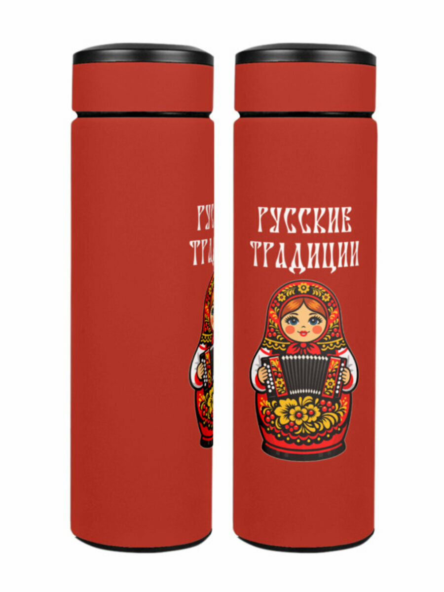 Термос «Хохлома: Матрёшка играет на гармошке» (красный)