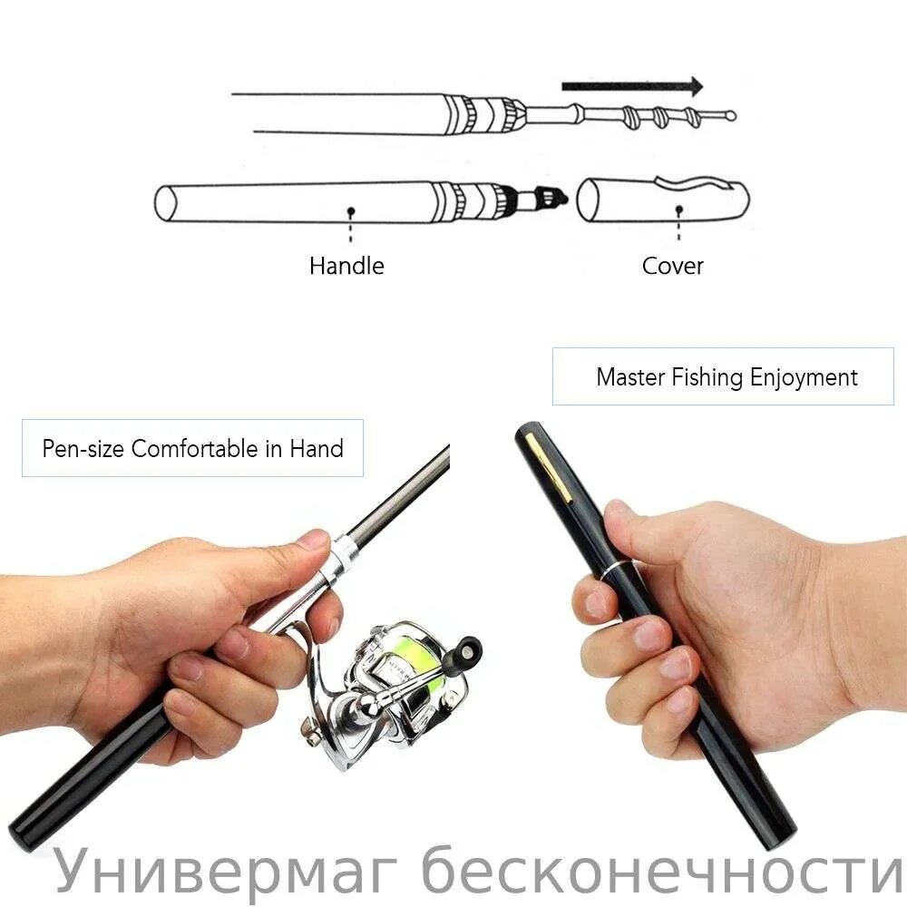 Складное карманное телескопическое удилище с рыболовной катушкой, мини-удочка для рыбалки — фото 1