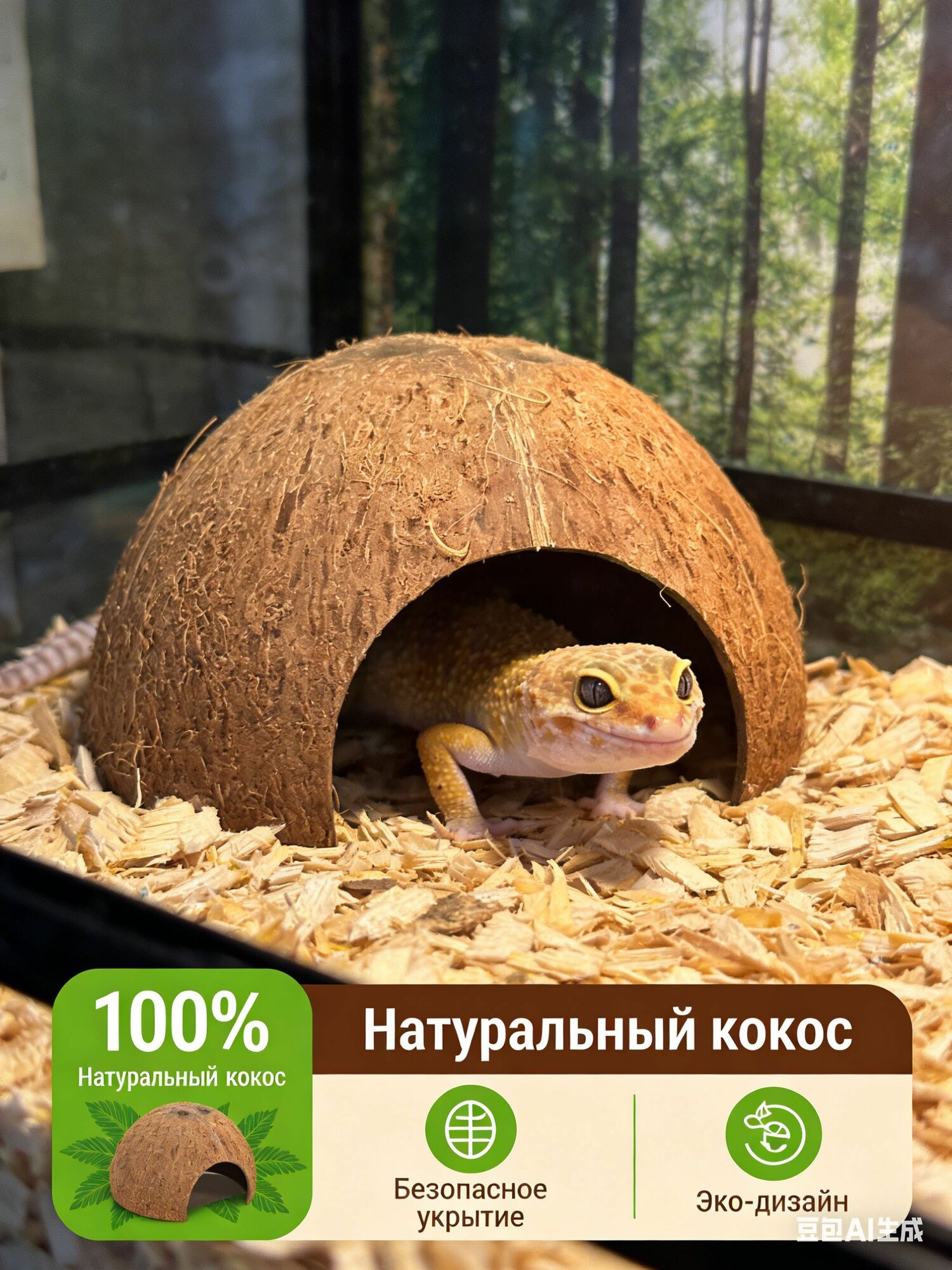 Кокосовое укрытие для рептилий, украшение декорация для террариума, убежище для ящериц, змей, натуральное пробковое дерево.