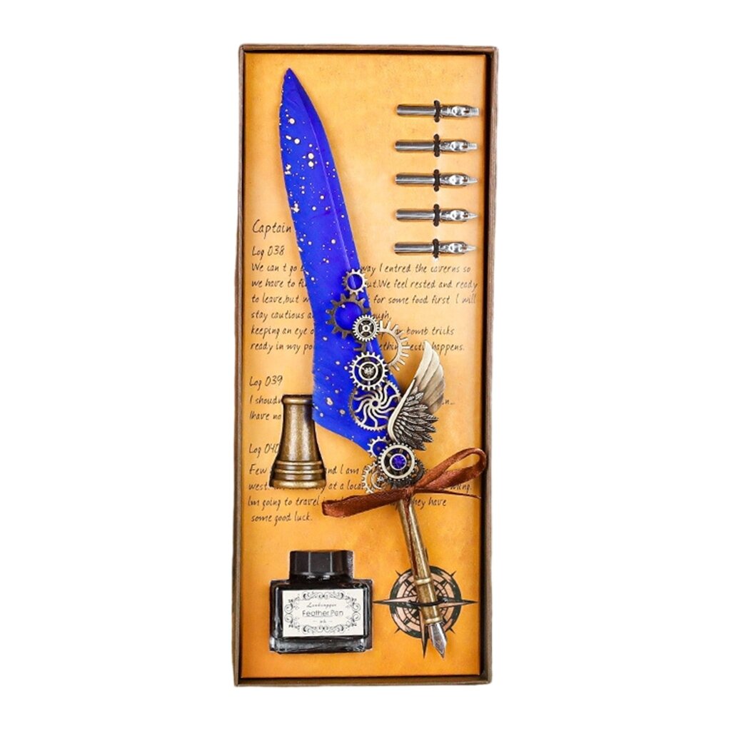 Старинное гусиное перо с Чернилами и 5 наконечниками, Набор перьев с металлической гравировкой в стиле Ретро для начинающих любителей каллиграфии