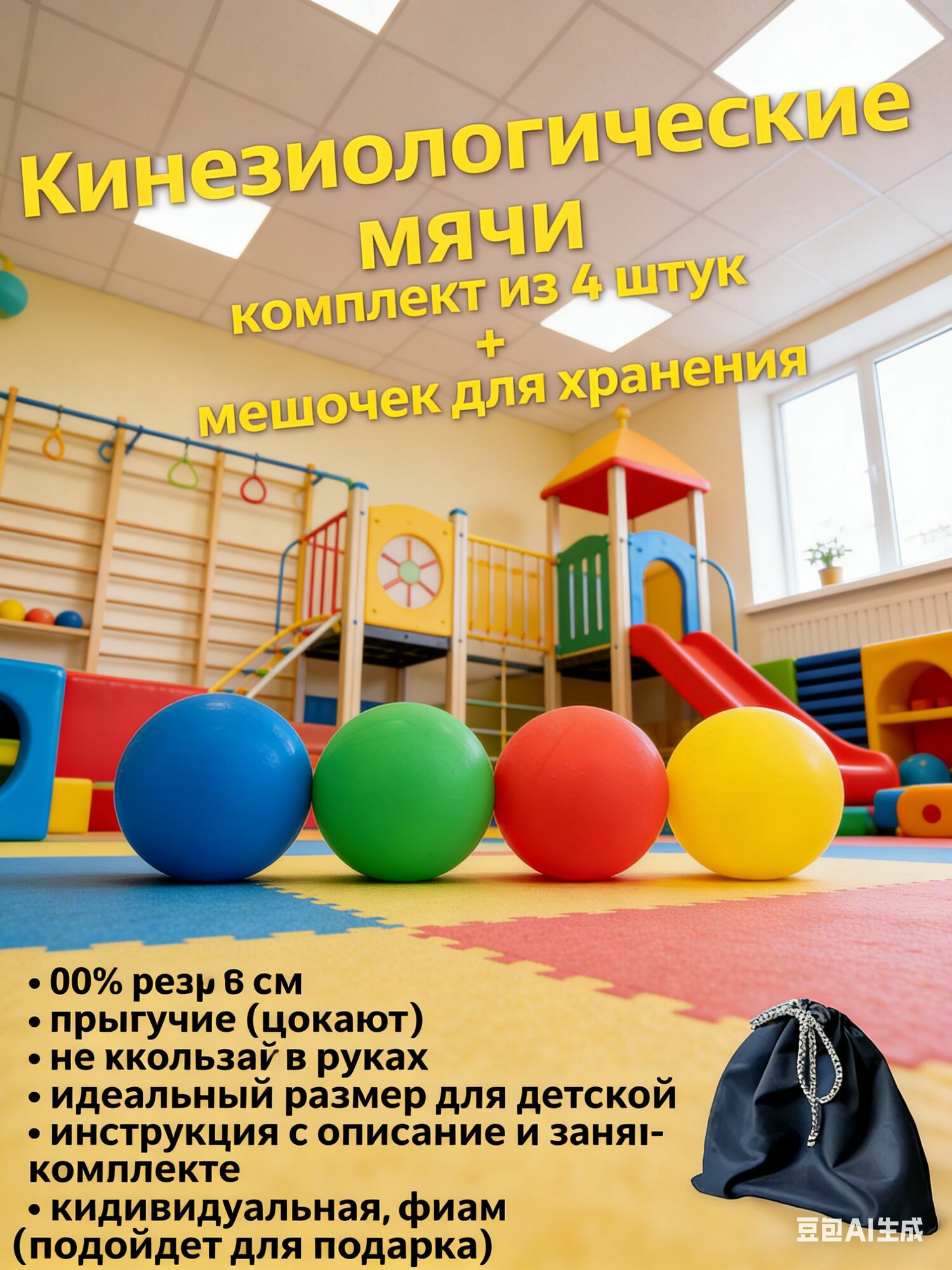 Кинезиологические мячи прыгуны (кинезио мячики) 4 штуки в мешочке