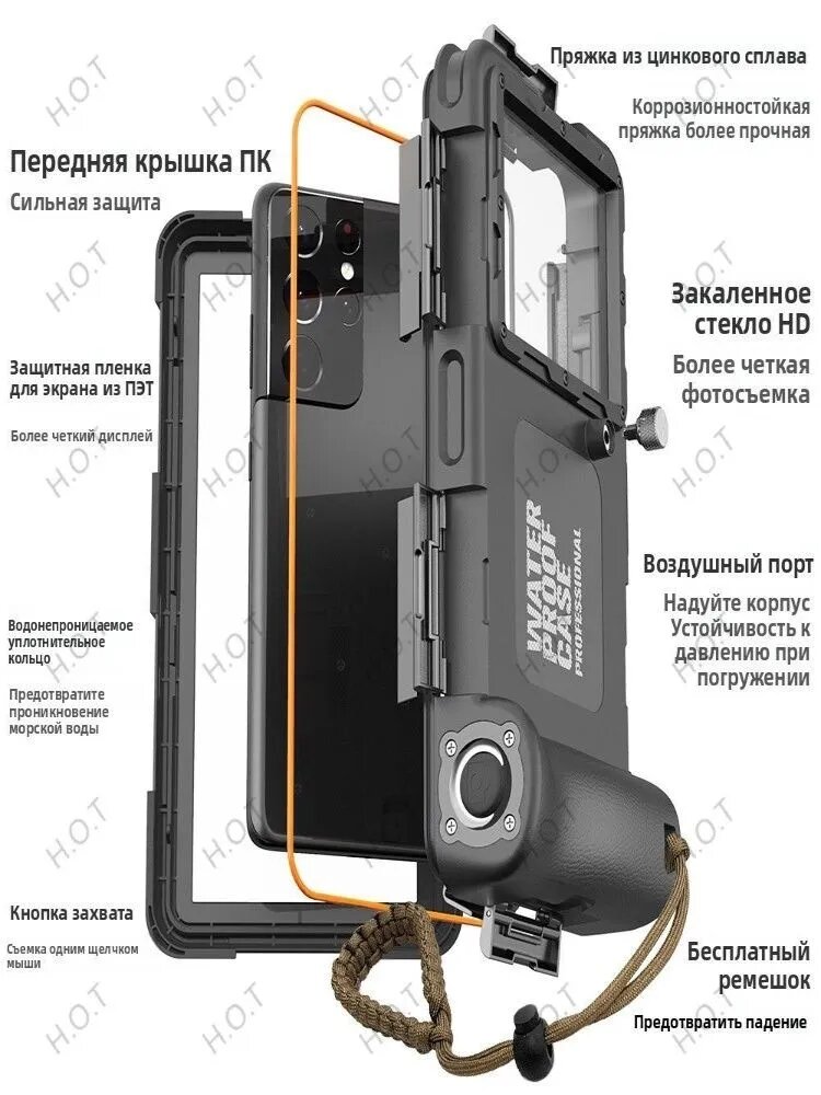 Универсальный 15 - метровый корпус для подводной съемки для Samsung S25 S24, надводный водонепроницаемый чехол для iPhone 16 15 14 Pro Max, класс водонепроницаемости IP68.