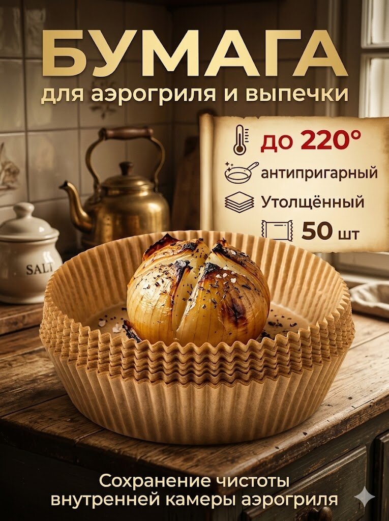 Пергамент вкладыш для аэрогриля, пергаментная бумага для выпечки, форма для выпечки бумажная, цвет бежевый, 20 см, 50 шт