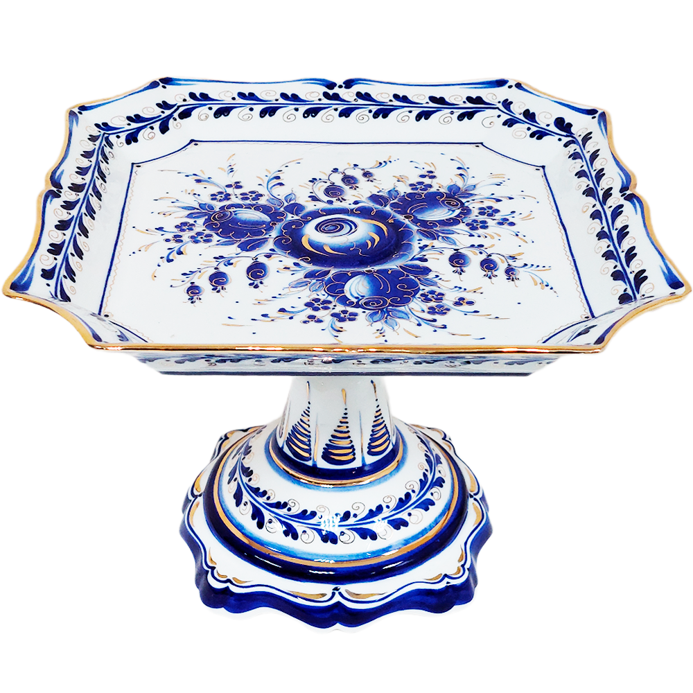 Фарфоровая подставка для торта, тортовница ручной работы "Праздничная", гжель с золотом