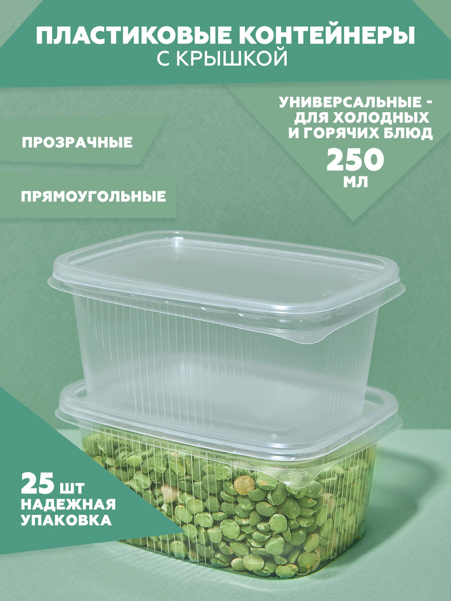 Одноразовый контейнер с крышкой 250 мл. 25 штук. Для обедов, ланчей, хранения и заморозки продуктов. одноразовый контейнер 250 мл контейнер для еды ланчбокс контейнер для хранения продуктов
