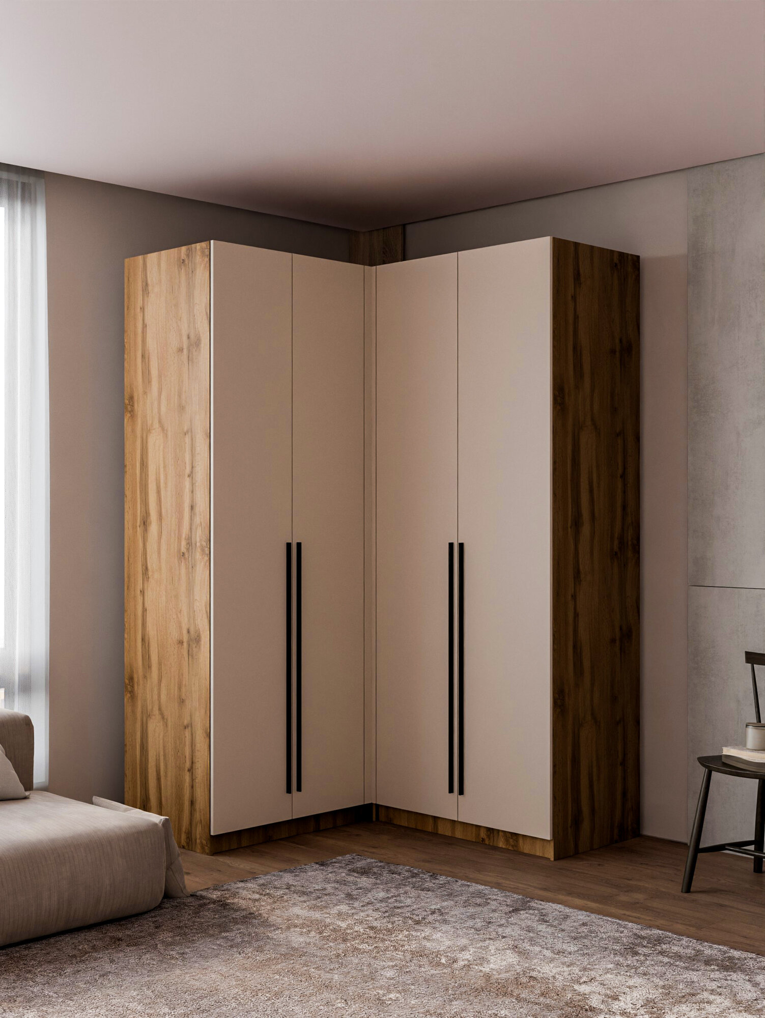 Шкаф распашной Бергер|Корпус ЛДСП Дуб вотан|Фасад ЛДСП Сатин| Ручка чёрная