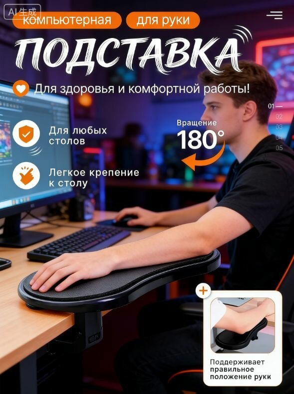 Подлокотники для кресла и компьютерного стола, черные овальные 28×8 см, полиуретан, 2 шт, 4 гвоздя, крепёж 10 см