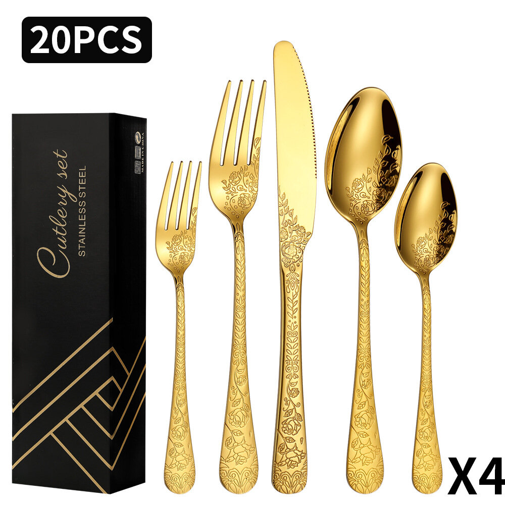 Новый набор столовых приборов Amazon из нержавеющей стали, 20 предметов, с винтажной гравировкой, нож, вилка и ложка в западном стиле, подарочный набор для международной доставки.