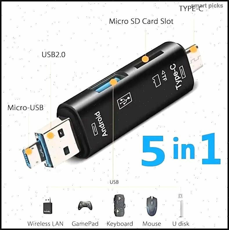 5-в-1 кардридер универсальный, USB 2.0, Type-C, Micro-USB, для карт памяти SD/Micro SD