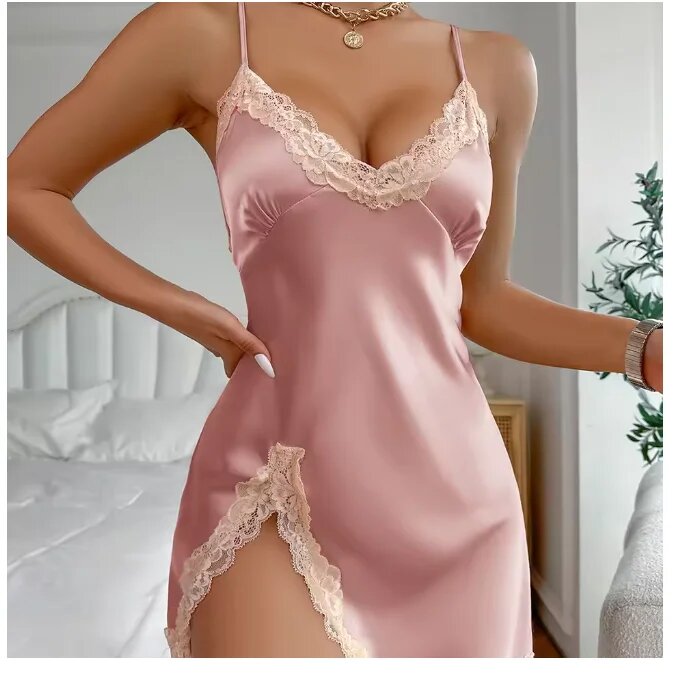 Sexy Backless Mini Female Nightgown Lingerie Summer Chemise Sleepwear Suspender Nightdress White Satin Lace Home Wear Loungewear
