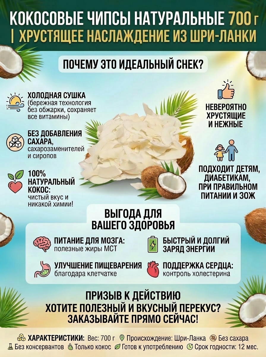 Кокосовые чипсы натуральные 700 г без добавок