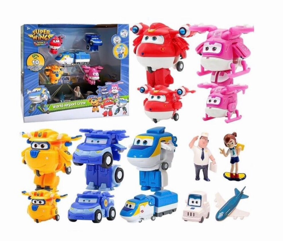 Super Wings World Aiport Crew Игровой набор Команда Аэропорта Супер Крылья 5 Мини-трансформеров и 4 мини-фигурки с Лео и Тони