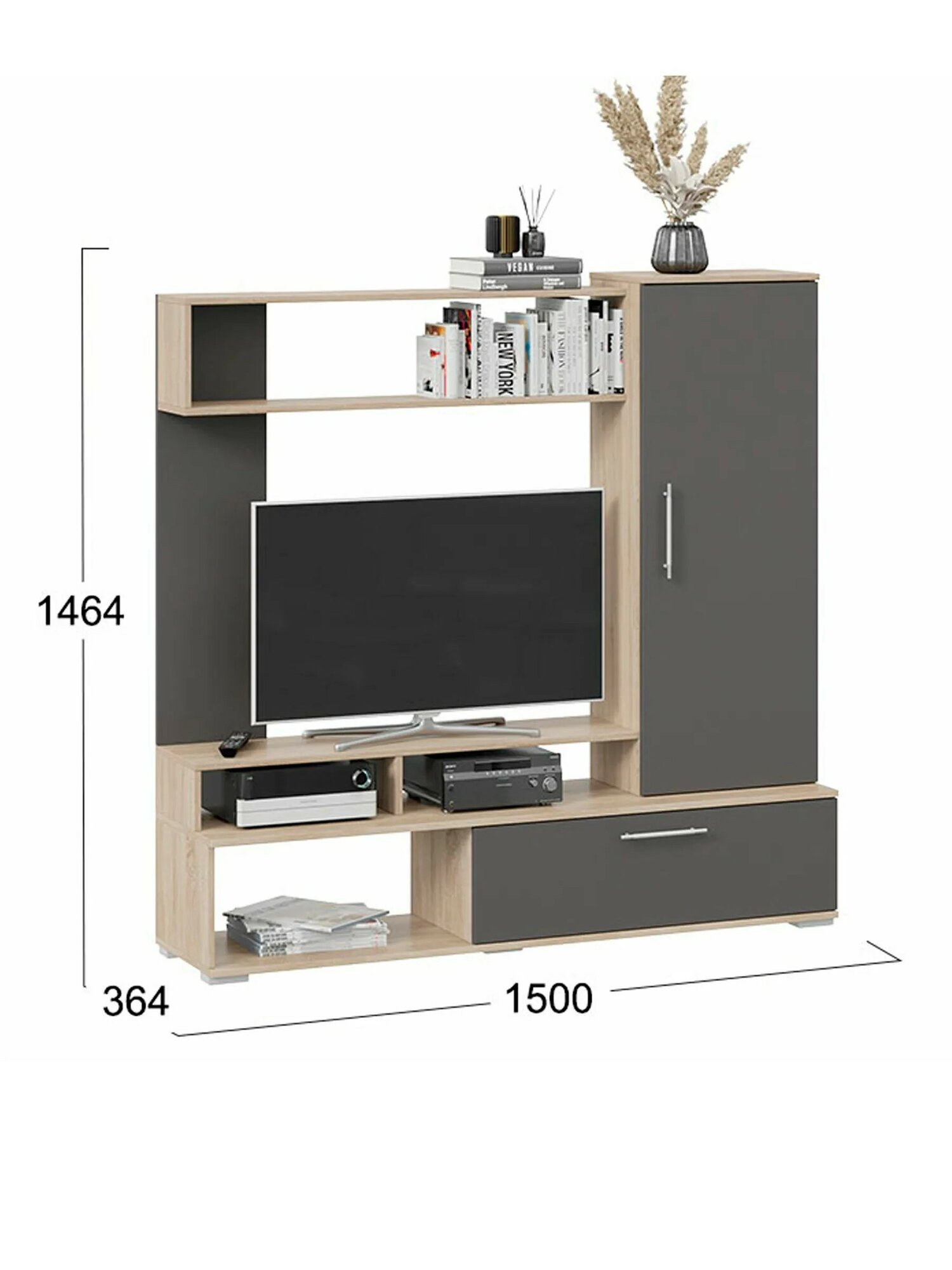 Стенка для гостиной, тумба под ТВ "Сиена", Дуб Сонома/Графит серый