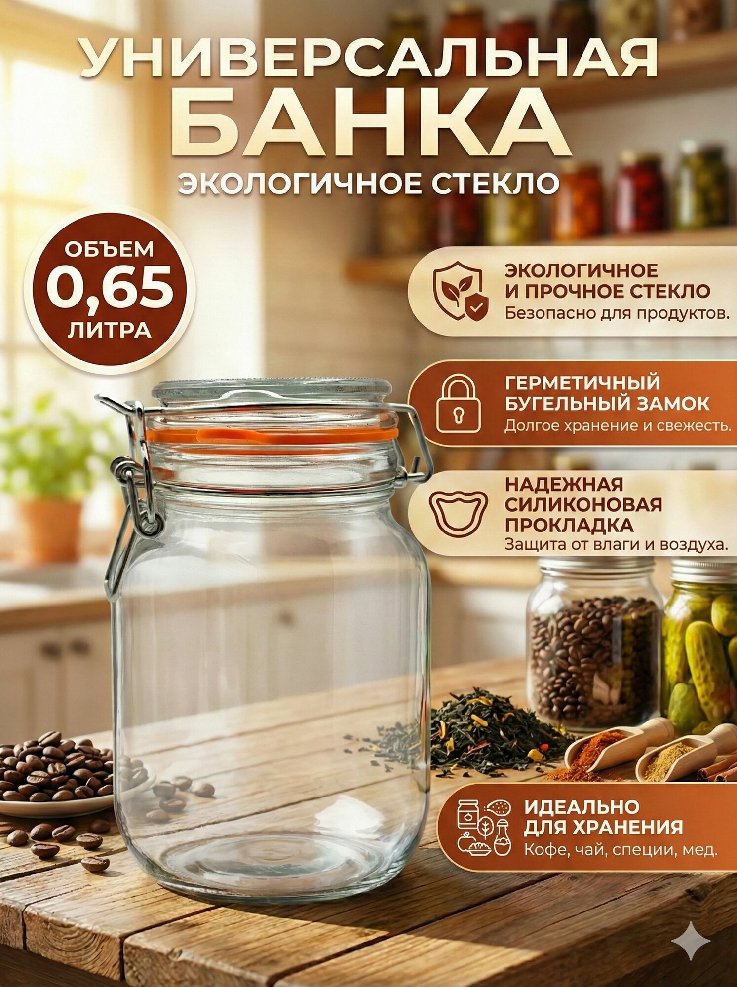 Банка с бугельным замком стеклянная 0,65 л со стеклянной крышкой: для сыпучих продуктов, кофе, специй, чая, соли, меда