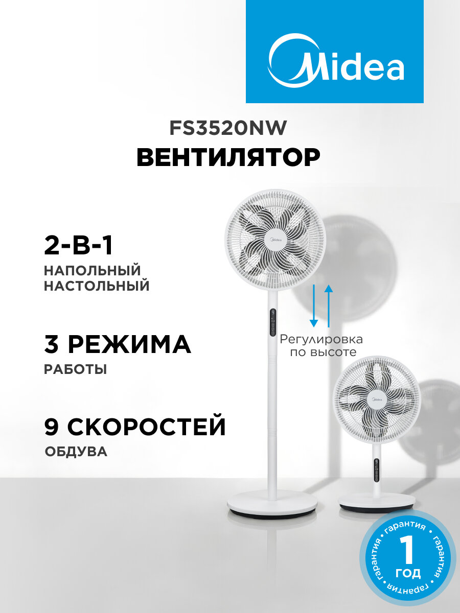 Вентилятор 3-в-1 Midea FS3520NW, регулировка по высоте, 3 режима, 9 скоростей, автоповорот 85 гр, таймер 9ч