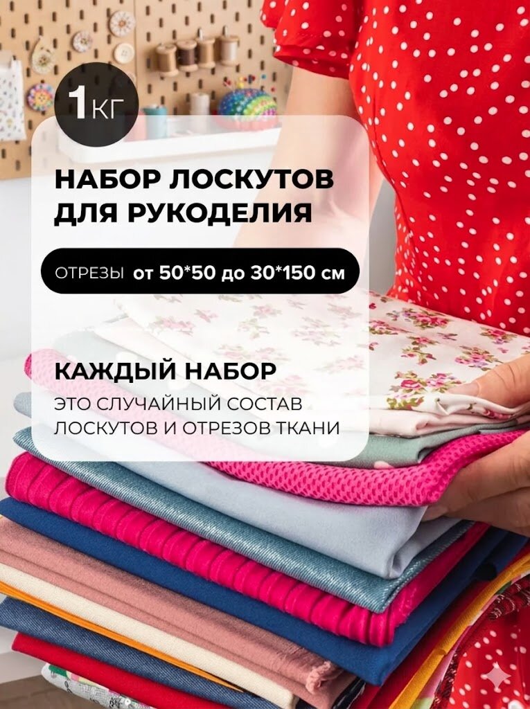 Лоскуты ткани для рукоделия, шитья, пэчворк 1 кг (набор лоскутов трикотаж, хлопок, вискоза, полиэстер)