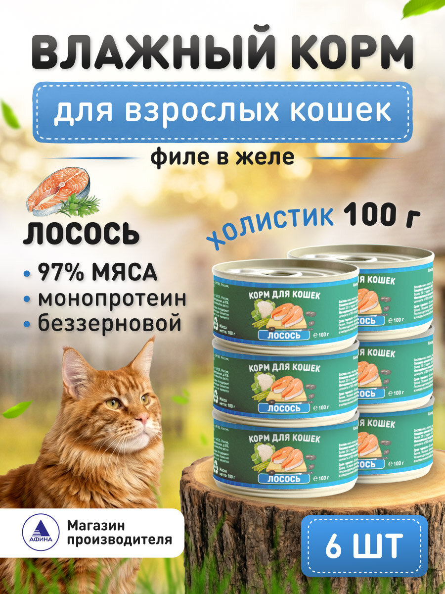 Влажный корм для кошек беззерновой Solid Natura Holistic с лососем, упаковка 6 шт х 100 г