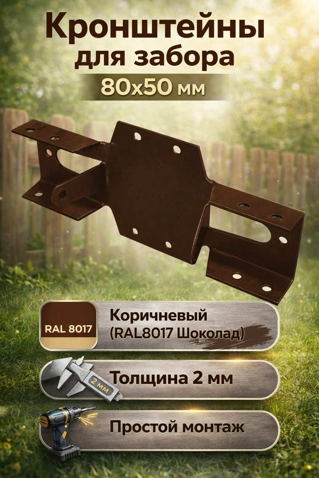 Кронштейн Х-образный соединительный для забора 80х50, 10шт, внутренний, коричневый