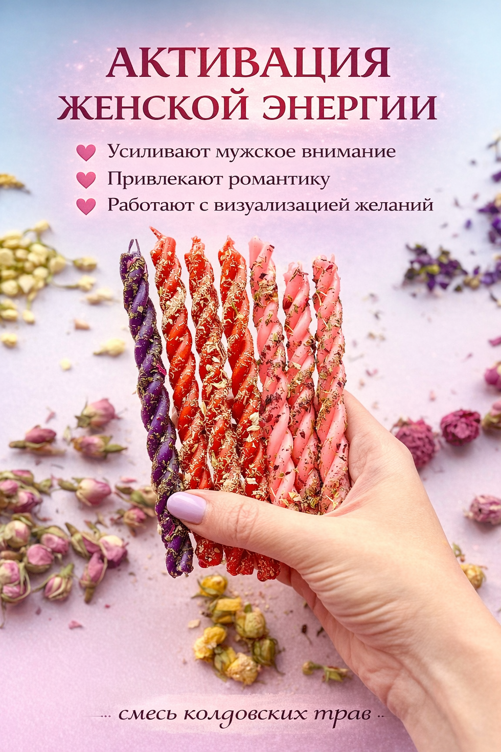 Магические свечи скрутки на привлечение любви «Женская энергия». Набор эзотерических свечей скруток.