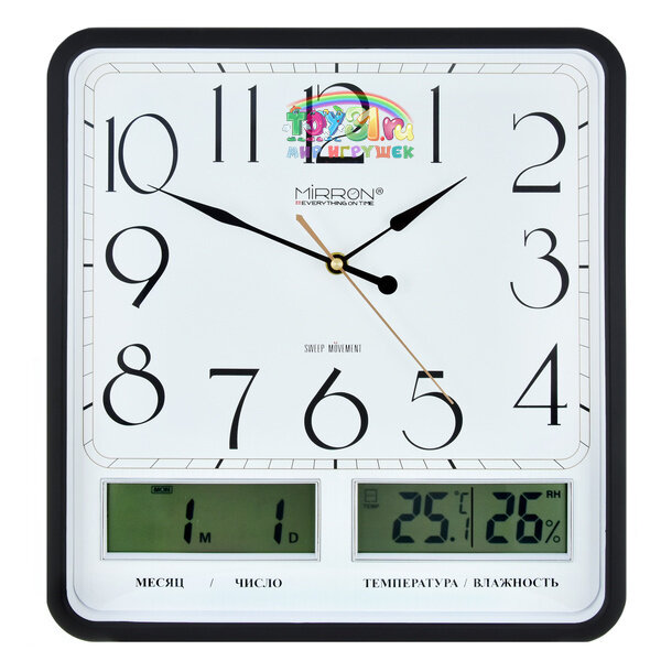 Настенные часы Mirron P3325a-2, кварцевые, прямоугольные, арабские цифры, плавный ход, чёрные, ЖК дисплей (календарь, температура , влажность)