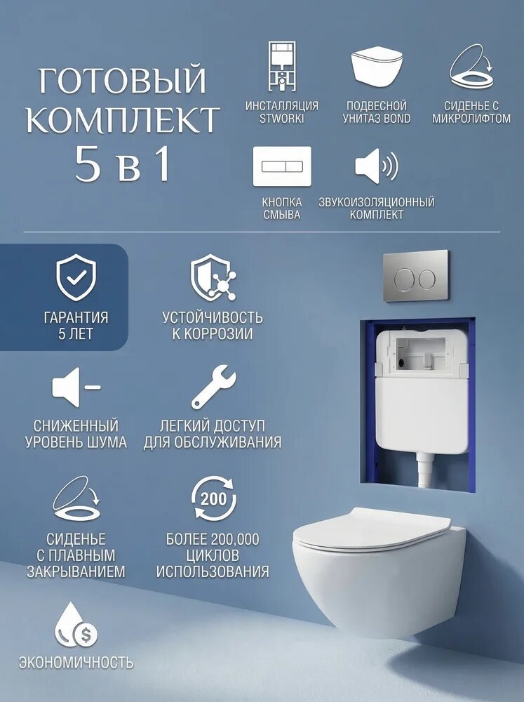 Комплект 5 в 1: Инсталляция STWORKI Хельсинки S33500CR / Унитаз подвесной BOND Овал F12-10 / Сиденье с микролифтом, Комплект шумоизоляции, Кнопка хром