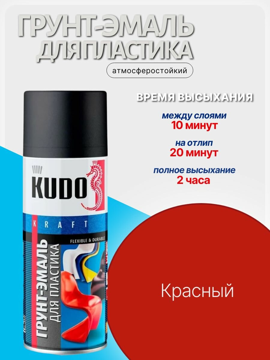 Аэрозоль KUDO грунт-эмаль для пластика быстросохнущая, Красная, 520мл