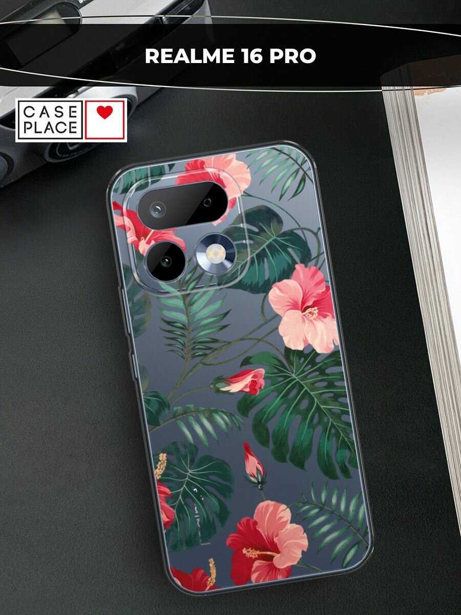 Чехол на Realme 16 Pro / Реалме 16 Про с принтом Пальмы и гибискусы, прозрачный