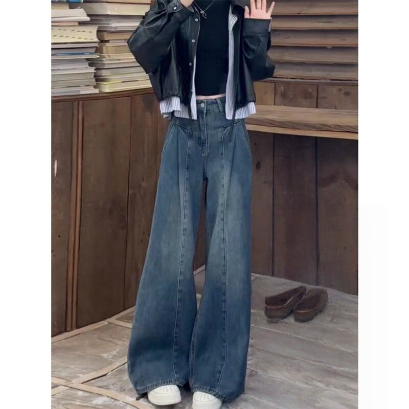 LI Mall Джинсы-красные женские для пляжа высокий пояс свободный крой прочный деним