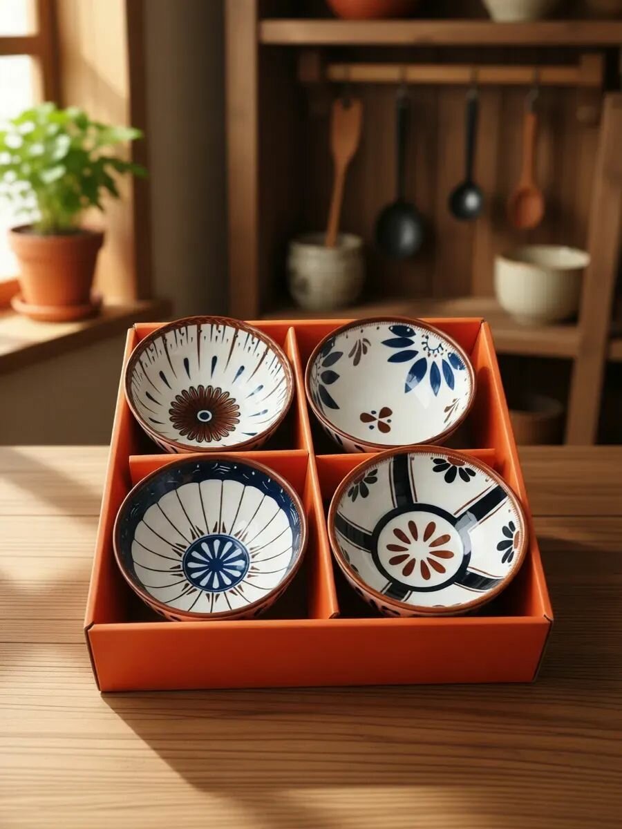 Набор пиал 4 шт. 300 мл. фарфор. в подарочной упаковке, миска, пиала, салатница порционная