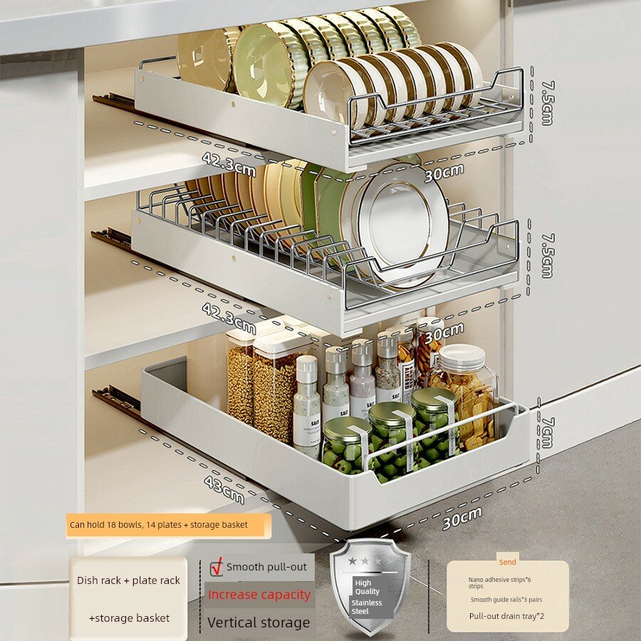 Выдвижная корзина-органайзер из нержавеющей стали для хранения посуды, тарелок и мисок, со встроенной системой слива,
