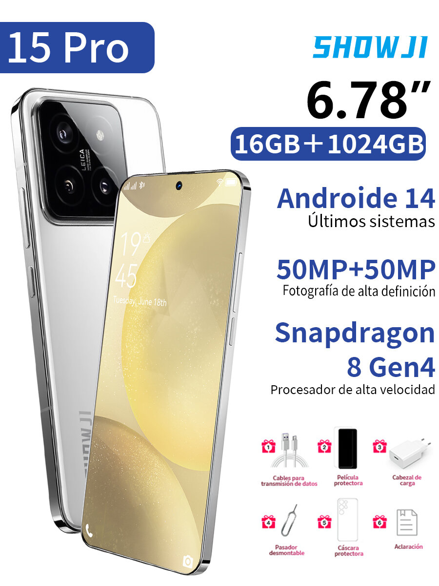 Смартфон I15 pro, 16 ГБ/1024 ГБ памяти, 6,78-дюймовым дисплеем, 50 Мп и 50 Мп, 5500 мАч, в комплекте с принадлежностями.