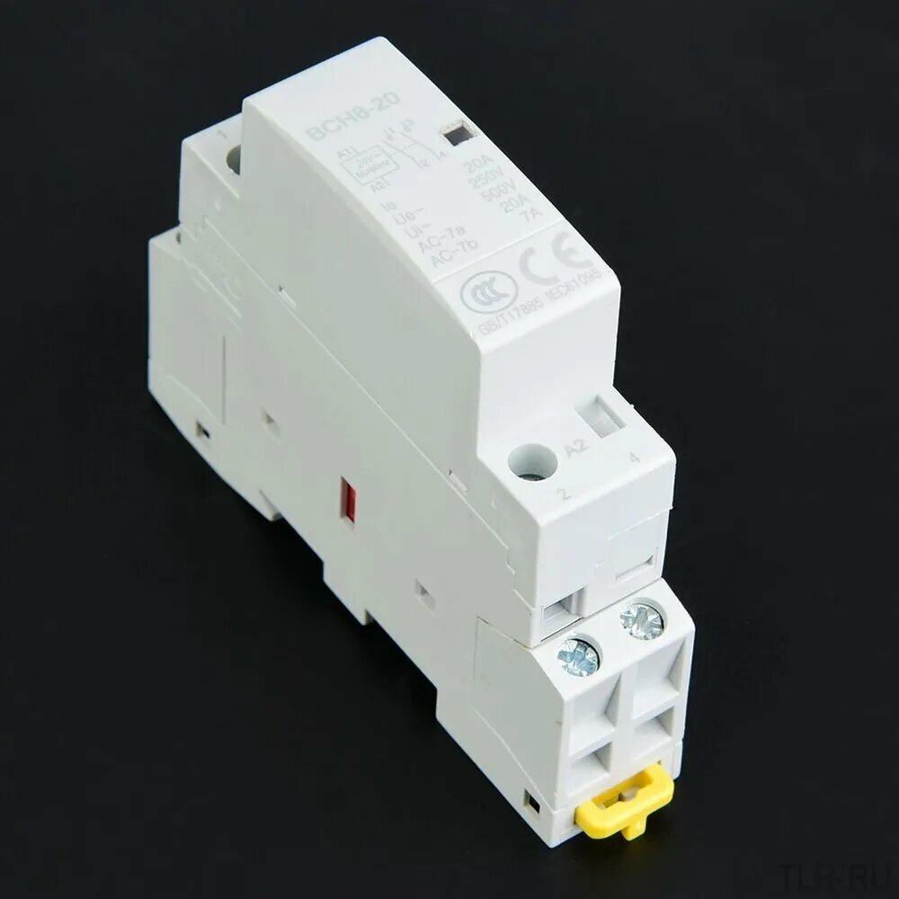 Контактор переменного тока бытового назначения 2P 20A с двумя нормально открытыми контактами, напряжение управления 24V 220V/230V, частота 50/60Гц, монтаж на DIN-рейку сечением 35мм