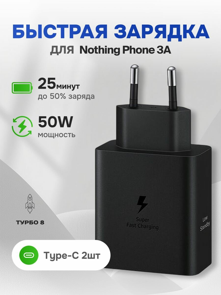 Зарядное устройство для телефона Nothing Phone 3A (Нафинг Фон 3А) / Быстрая зарядка Type C / блок два порта 50W 25W